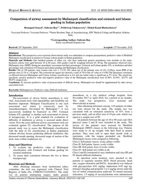 Comparison Of Airway Assessment By Mms And Cl In Indin Population Pdf Sensitivity And