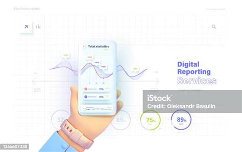 성장 지표 손이 전화를 들고 있습니다 데이터 분석 및 회계를 위한 모바일 애플리케이션 파일 관리 전자 보고서 3d 스타일의 벡터 일러스트레이션 3차원 형태에 대한 스톡 벡터