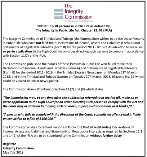 Ex Parte Notice May 2018 The Integrity Commission Of Trinidad And Tobago