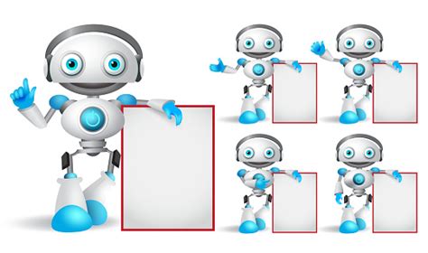 백색 로봇 벡터 문자 집합 다른 손 제스처와 더불어 빈 화이트 보드를 들고 서 3차원 형태에 대한 스톡 벡터 아트 및 기타 이미지 3차원 형태 가리키기 개념 Istock