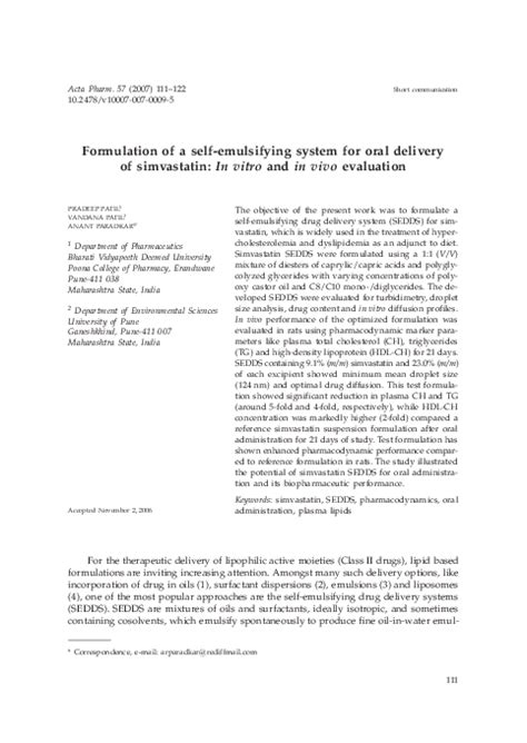 Pdf Formulation Of A Self Emulsifying System For Oral Delivery Of Simvastatin In Vitro And In