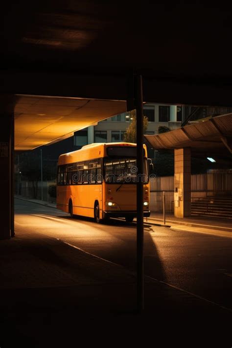 Bus Parked At Bus Station At Night Created Using Generative Ai