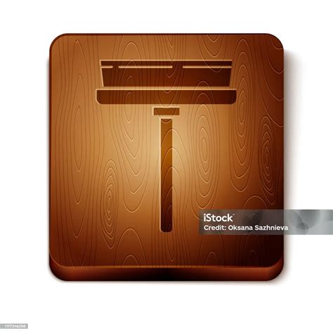 흰색 배경에 격리 된 창문 아이콘용 고무 클리너가있는 갈색 청소 서비스 스퀴지 스크레이퍼 와이퍼 나무 사각형 버튼입니다 벡터