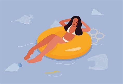 Premium Vector Plastic Garbage And Various Garbage In Sea Water Woman Floating On A Rubber