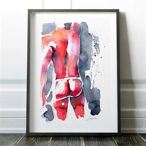 Expressive Male Booty Watercolor Art Red And Gray Abstract Figure