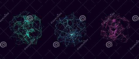 Set Of Abstract Colorful Spheres From Points And Lines On Dark Background Network Connection
