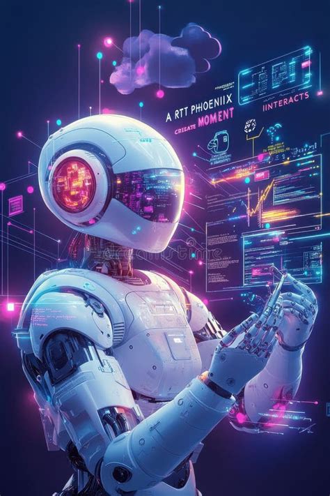 Futuristic Ai Robot Interacting With Digital Interfaces In A Neon