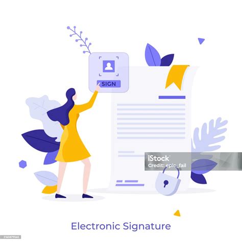 전자 서명으로 문서 또는 계약서에 서명하는 여성 상거래를 위한 전자 서명의 개념 서명자의 암호화 인증 현대 평면 벡터 일러스트