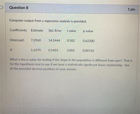 Solved Question 8 1 Pts Computer Output From A Regression