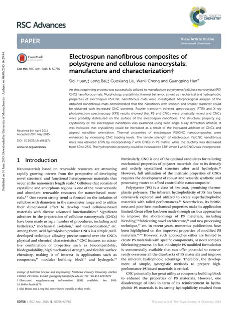 Pdf Electrospun Nanofibrous Composites Of Polystyrene And Cellulose Nanocrystals Manufacture