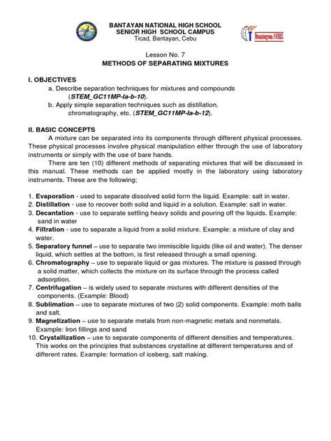 Lesson No 7 Methods Of Separating Mixtures Pdf