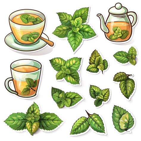 Um Conjunto De Desenhos De Chá Verde E Chá De Hortelã Vetor Premium