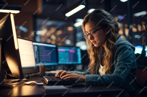 girl programmer typing code on keyboard to develop program in office