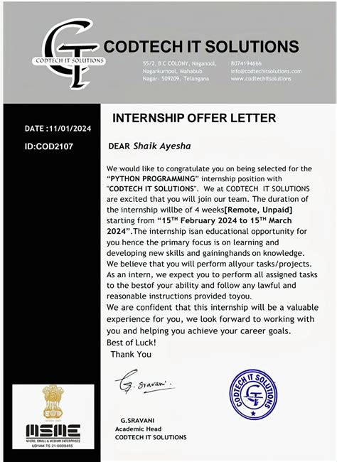 internship codetechitsolutions techopportunity shaik ayesha