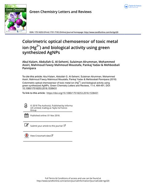 Pdf Colorimetric Optical Chemosensor Of Toxic Metal Ion Hg 2 And Biological Activity Using