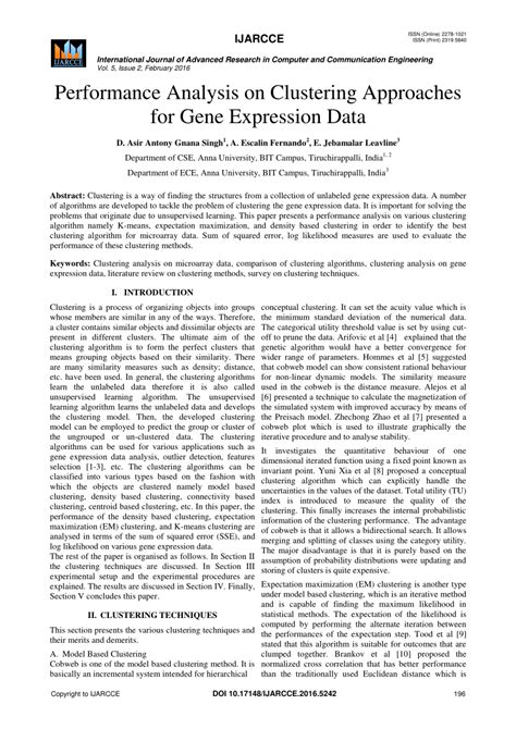 pdf performance analysis on clustering approaches for gene expression