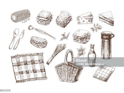 바베큐와 피크닉 요소의 손으로 그린 스케치 세트 레스토랑과 카페의 메뉴 디자인 구운 음식 낙서 빈티지 그림입니다 새겨진 이미지 바구니에 대한 스톡 벡터 아트 및 기타 이미지