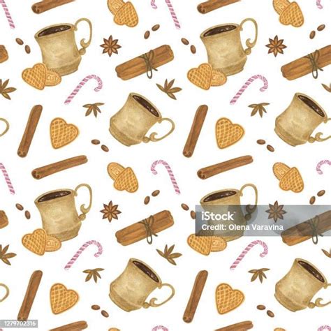 겨울 핫드링크 컵과 시나몬 수채화 일러스트의 반복 패턴으로 푸드 디저트 이미지 메뉴 인사말 카드 원활한 겨울 방학 축하 디자인 심플한 패턴 갈색에 대한 스톡 벡터 아트 및