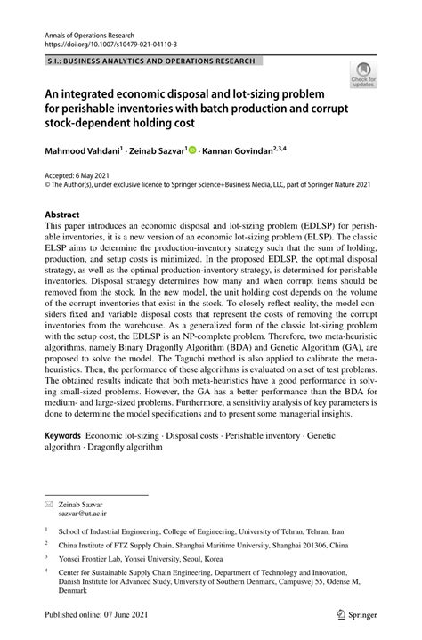 Pdf An Integrated Economic Disposal And Lot Sizing Problem For Perishable Inventories With