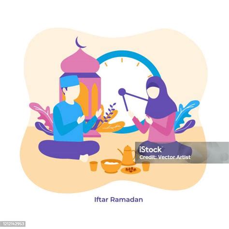 무슬림 남자와 여자 는 휴식 금식 벡터 평면 그림에 대한 시간을 먹는 동안 함께 알라기도 이슬람 라마단 액티비티 캐릭터 컨셉 포스터 배경 디자인 이슬람교에 대한 스톡 벡터