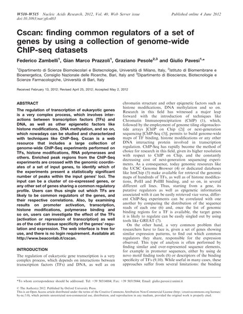 Pdf Cscan Finding Common Regulators Of A Set Of Genes By Using A