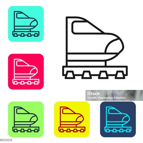 흰색 배경에 격리 된 검은 줄 고속 열차 아이콘 철도 여행 및 철도 관광 지하철 또는 지하철은 빠른 열차 수송을 간소화했다 색상 정사각형 단추로 아이콘을 설정합니다 벡터