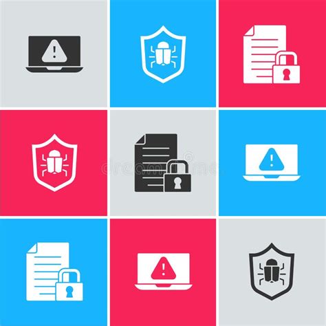 Set Laptop With Exclamation Mark System Bug And Document And Lock Icon Vector Stock Vector