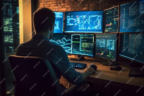 Premium Photo Programmer Working On Computers With Multiple Monitors