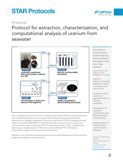 Pdf Protocol For Extraction Characterization And Computational Analysis Of Uranium From Seawater