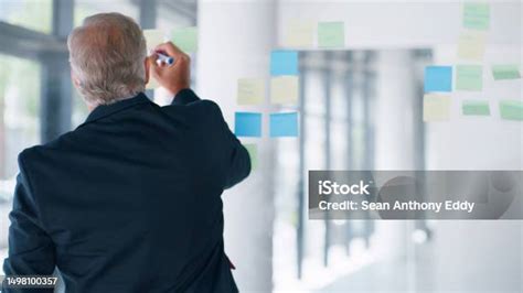 스티커 메모 일정 시간 관리 및 워크플로 브레인스토밍을 가진 계획 및 사업가가 유리에 있는 직장에서 크리에이티브 플래너 또는