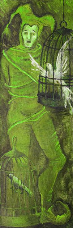 밧줄과 새장에서 노래하고 자유로 돌진하는 광대의 연극 의상을 입은 노래하는 남자의 상징적 인물 의 식으로 캔버스 초상화에 포로