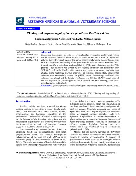 Pdf Cloning And Sequencing Of Xylanase Gene From Bacillus Subtilis