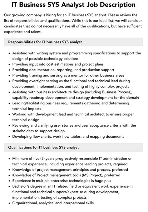 It Business Sys Analyst Job Description Velvet Jobs