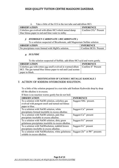 Qualitative Analysis Sheet For O Level Chemistry Pdf