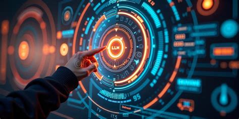 Hand Touching Glowing Llm Icon And Business Analytics Interface Stock