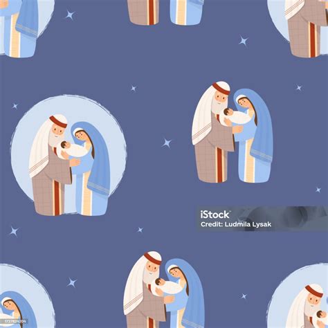 크리스마스 원활한 패턴입니다 거룩한 가족 귀여운 성모 마리아와 요셉이 파란색 배경에 그리스도를 예수 아기와 함께 있다 크리스마스 휴일 디자인 벽지 장식 인쇄 포장을 위한