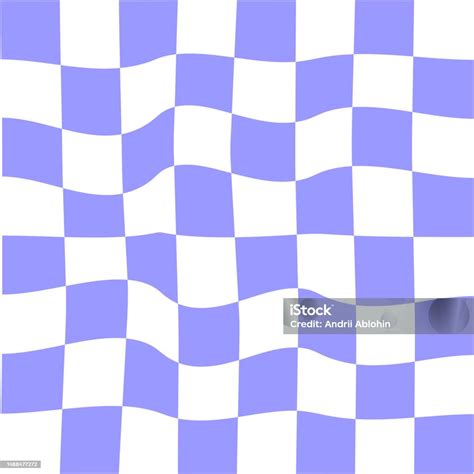 보라색과 흰색 체스판 배경이 왜곡되었습니다 미친 바둑판 질감 체크 무늬 착시 현상 뒤틀린 사각형이 있는 사이키델릭 패턴 최면 게임 3차원 형태에 대한 스톡 벡터 아트 및