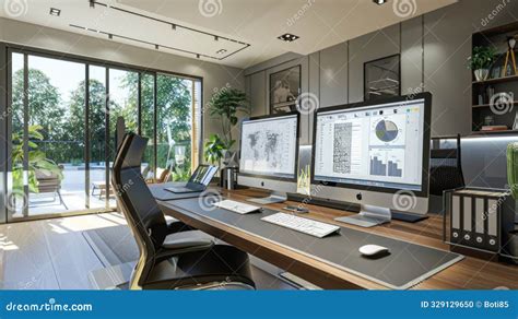Modern Home Design On Cad Displayed In A Bright And Tidy Office With Triple Monitor Setup Stock