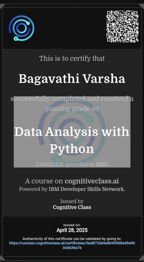 successfully completed the data analysis with python course through ibm