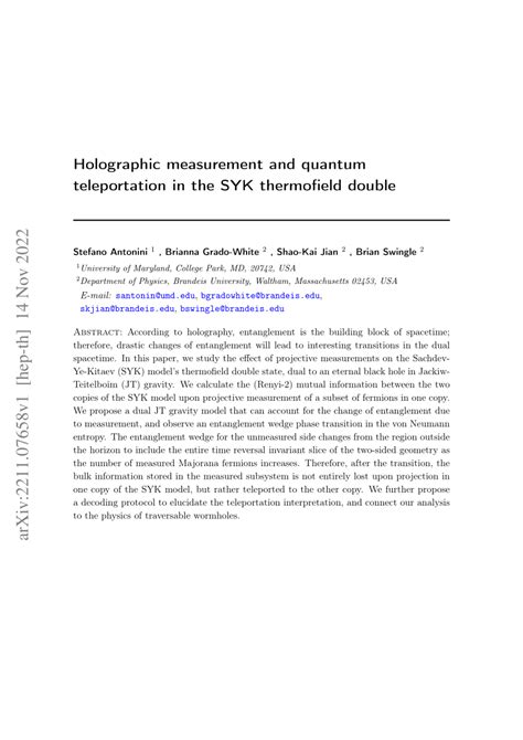 Pdf Holographic Measurement And Quantum Teleportation In The Syk Thermofield Double
