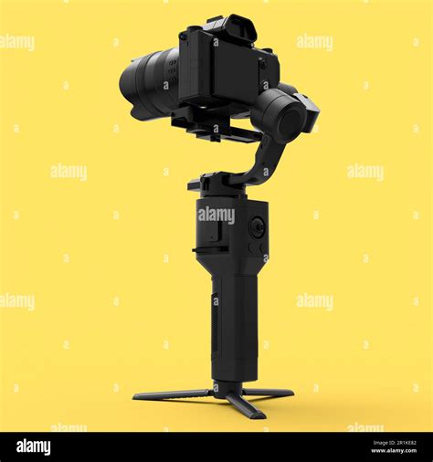 Axis Gimbal Stabilization System With Nonexistent Mirrorless Camera Isolated On Yellow