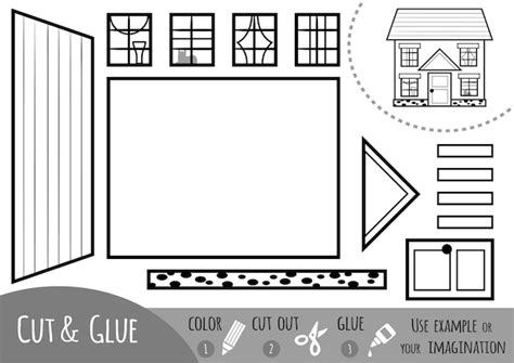 어린이를 위한 교육용 종이 게임 하우스 가위와 풀을 사용하여 이미지를 만듭니다 프리미엄 벡터