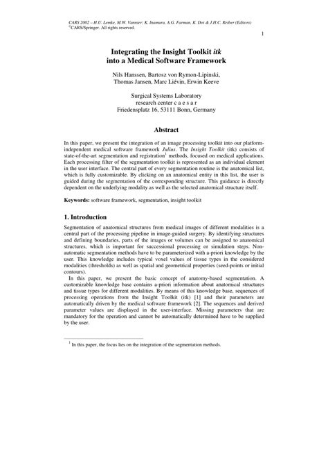 Pdf Integrating The Insight Toolkit Itk Into A Medical Software Framework