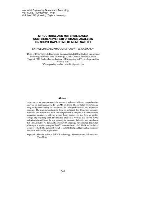 Pdf Structural And Material Based Comprehensive Performance Analysis On Shunt Capacitive Rf