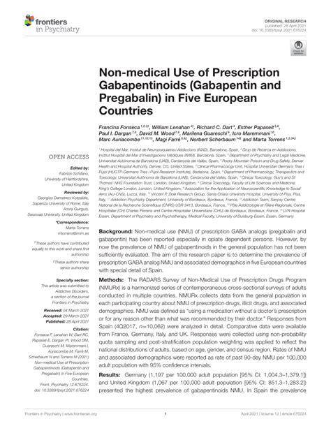Pdf Non Medical Use Of Prescription Gabapentinoids Gabapentin And Pregabalin In Five