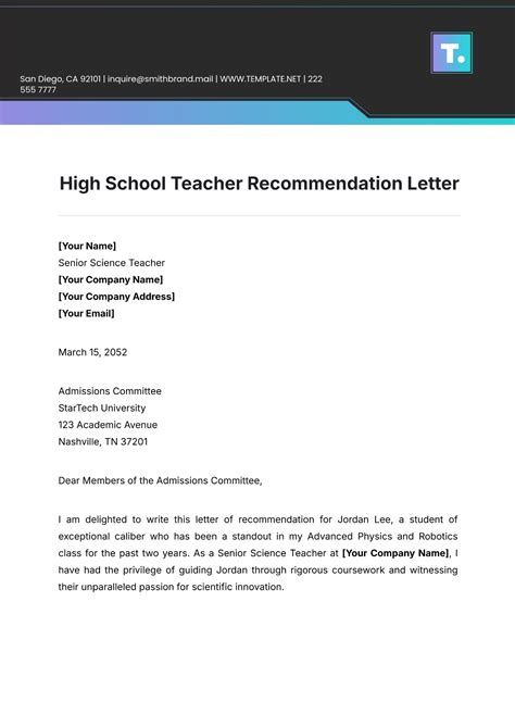 High School Recommendation Letter Template Letter Of Recommendation