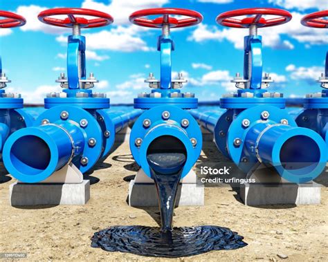 기름칠은 파란 금속 파이프라인에서 흘러 나와 땅 아래로 떨어진다 기름 웅덩이 파이프라인 개념 3d 그림 방울에 대한 스톡 사진 및 기타 이미지 Istock