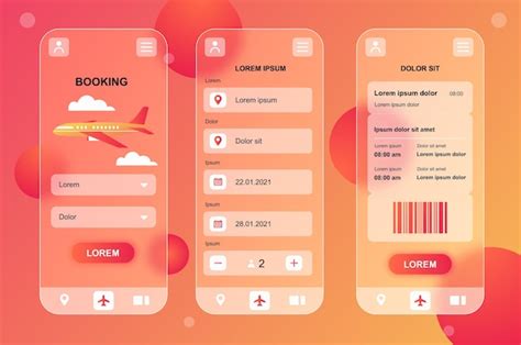 여행 예약 모바일 앱 Ui Ux Gui 화면 세트 용 글래스 모픽 디자인 뉴 모픽 요소 키트 프리미엄 벡터