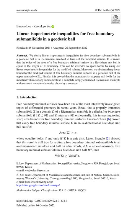 Pdf Linear Isoperimetric Inequalities For Free Boundary Submanifolds In A Geodesic Ball