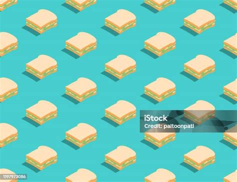 샌드위치 3d 아이소메트릭 원활한 패턴 아침 베이커리 컨셉 포스터 및 소셜 배너 포스트 디자인 일러스트레이션 복사 공간 벡터